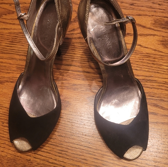 Alfani | Shoes | Alfani Black Gold Bronze Genuine Suede Leather Open ...